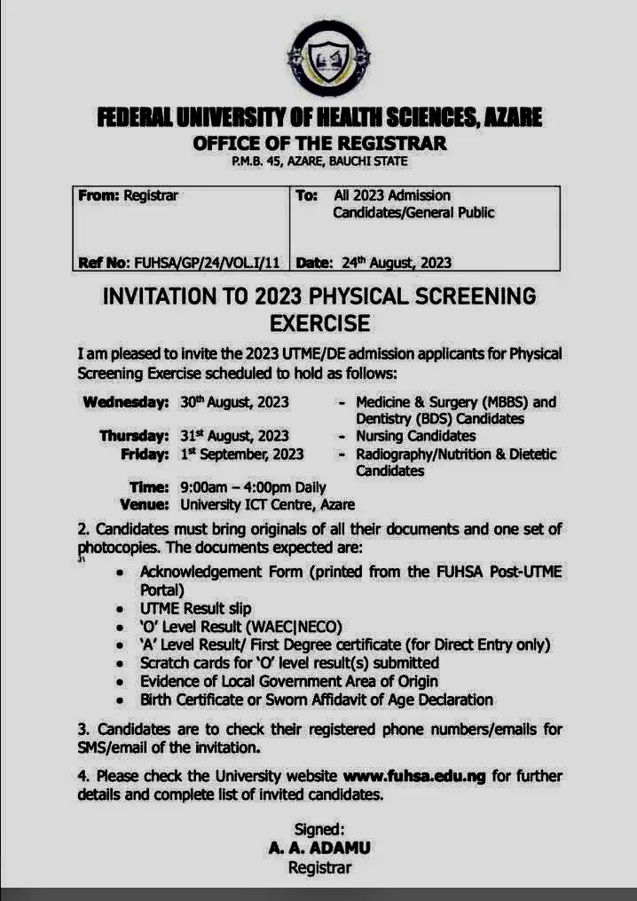 FUHSA Physical Screening Exercise 2025/2026 Academic Session