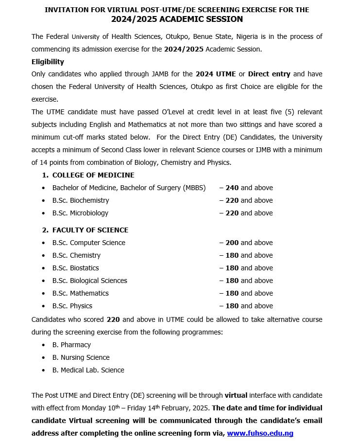 FUHSO Invites Applicants For Virtual Post-UTME/DE Screening Exercise ...